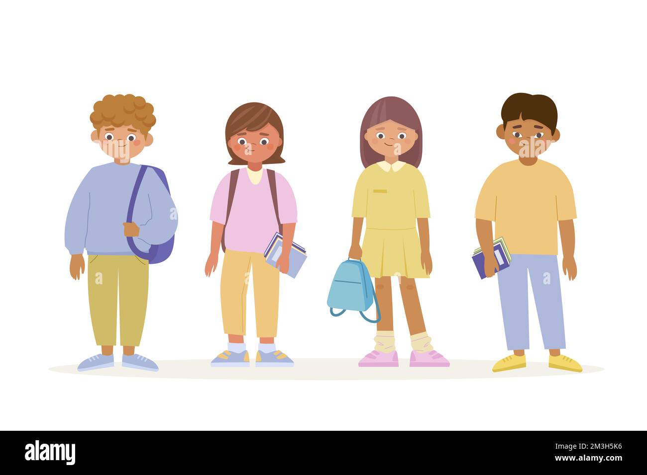 Group of happy cartoon children standing with books and school bags ...