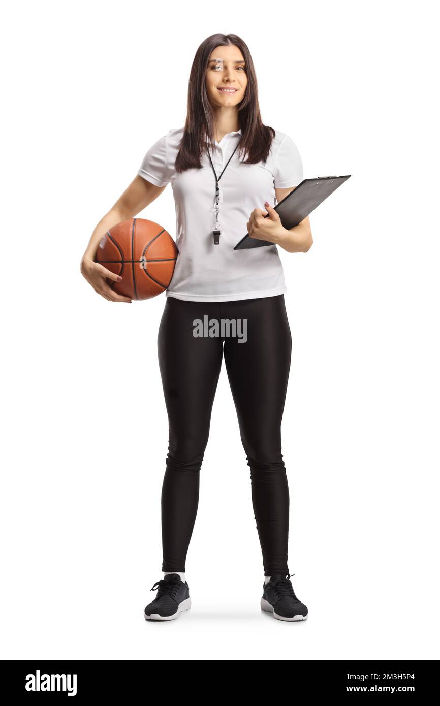 Full length portrait of a female basketball coach with a whistle ...