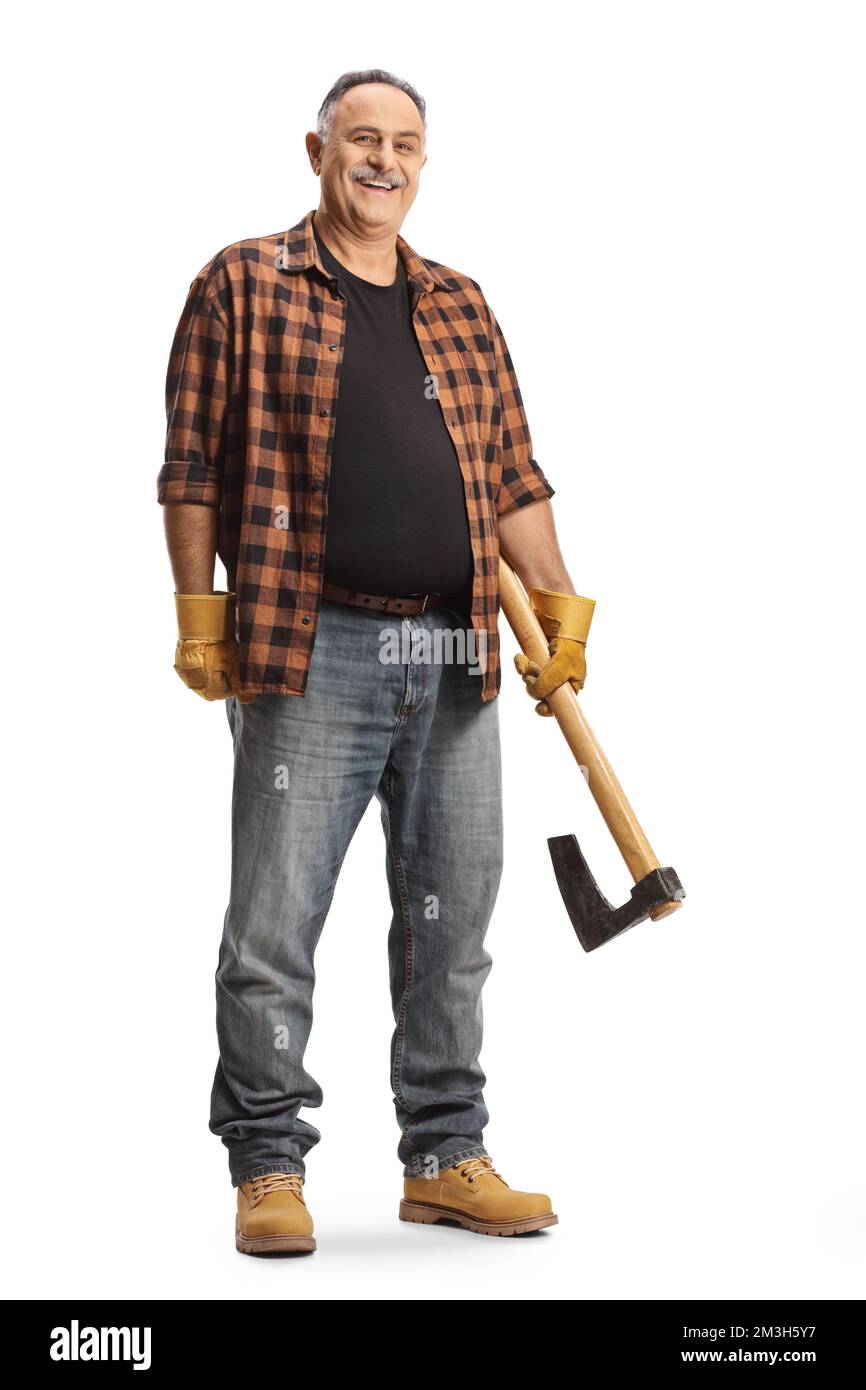 Full length portrait of a mature man with gloves smiling and holding an ...