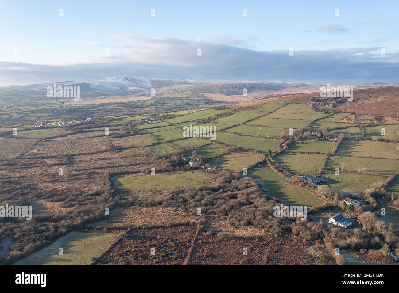 Aerial view of Preseli Mountains with light dusting of snow in December ...