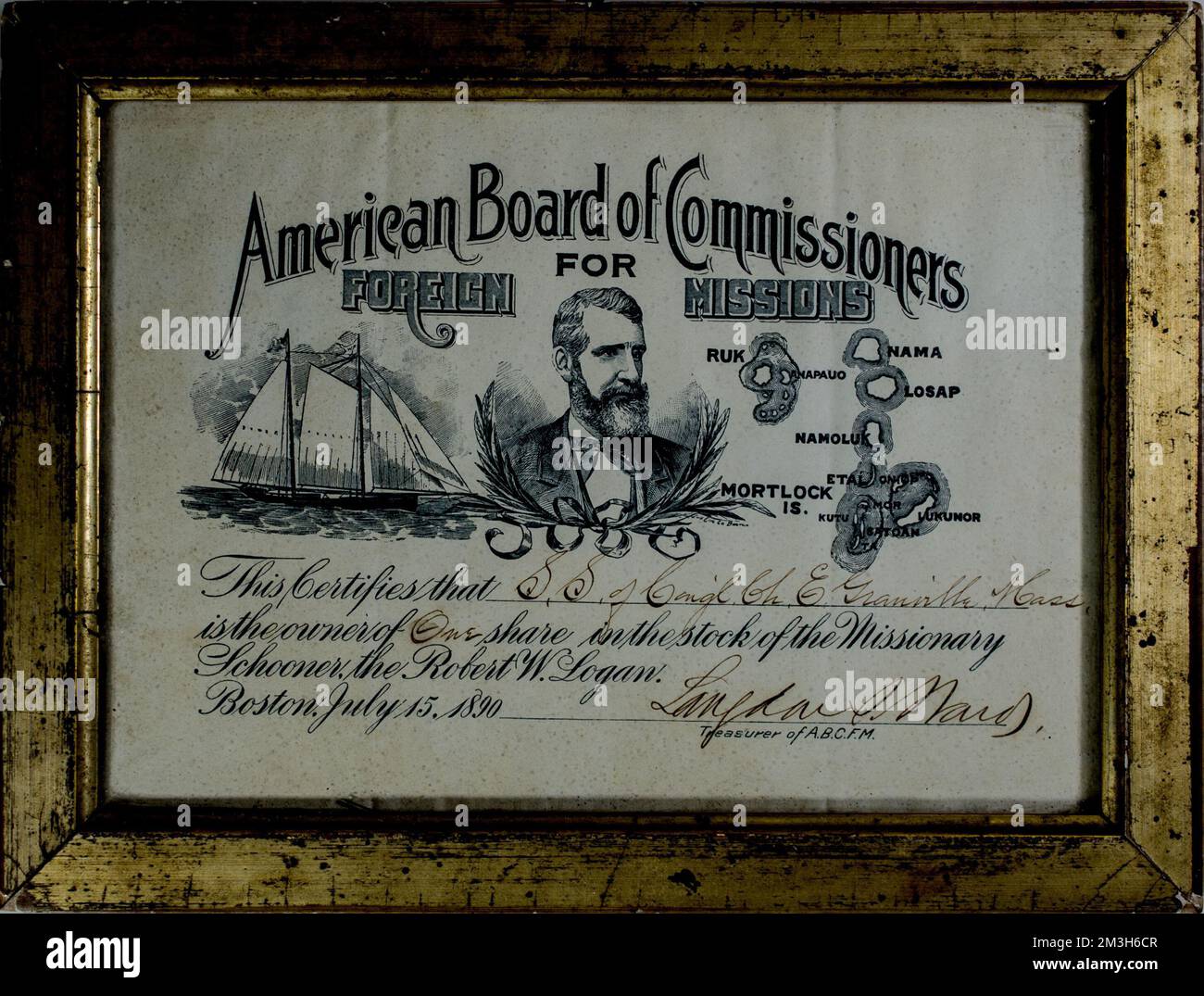 Missionary stock certificate, schooner Robert W. Logan , Schooners, American Board of ...