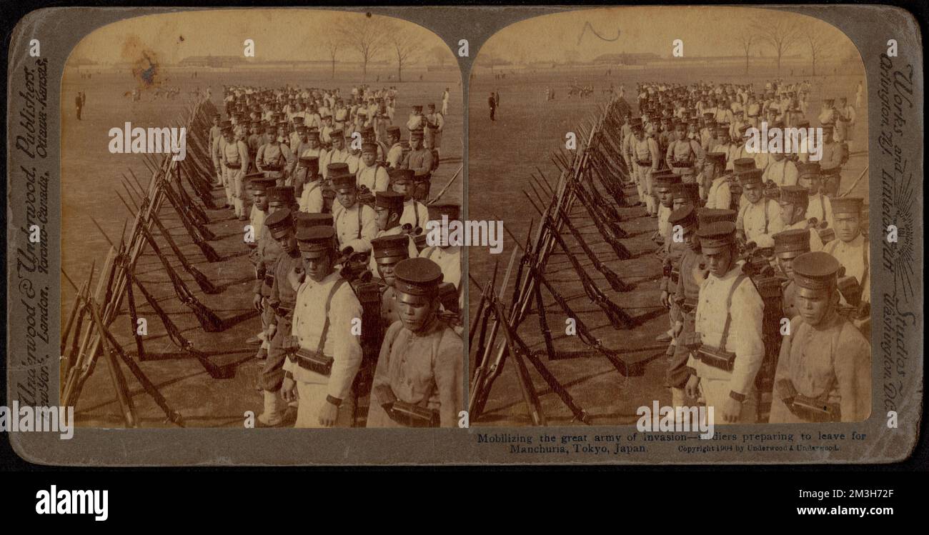 Mobilizing the great army of invasion - soldiers preparing to leave for Manchuria, Tokyo, Japan ...