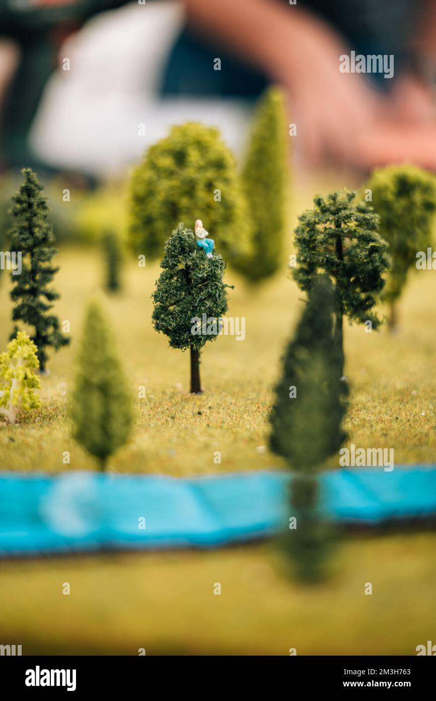A vertical shot of a forest and a tree layout with a girl sitting on it ...
