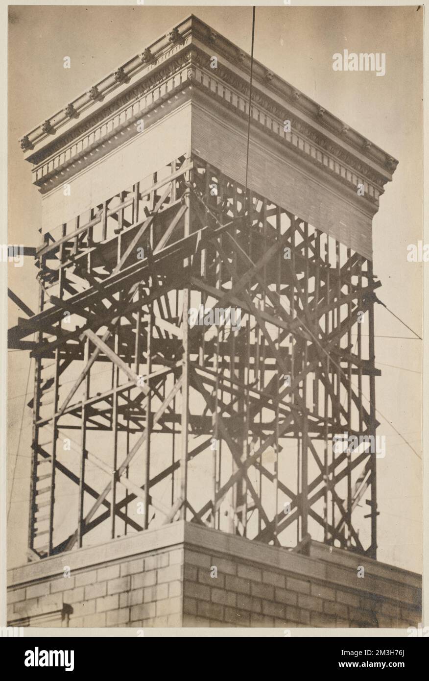 Mock-up of cornice on scaffolding, construction of the McKim Building ...