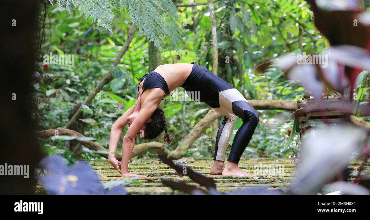 Fit Yogi woman training Yoga bridge pose outdoors Stock Photo - Alamy
