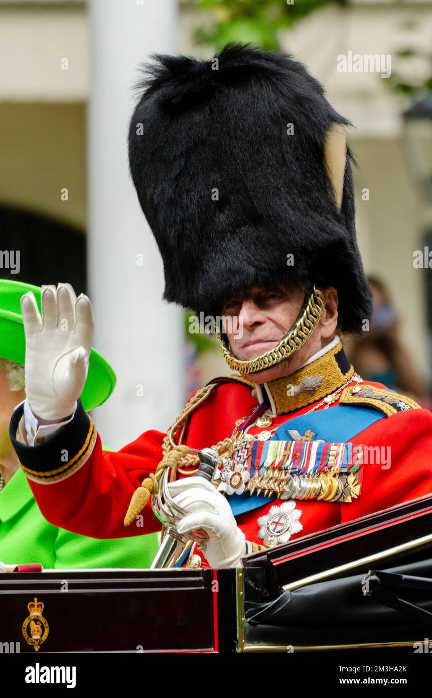Prince Philip, Duke of Edinburgh, riding in a carriage during Trooping ...