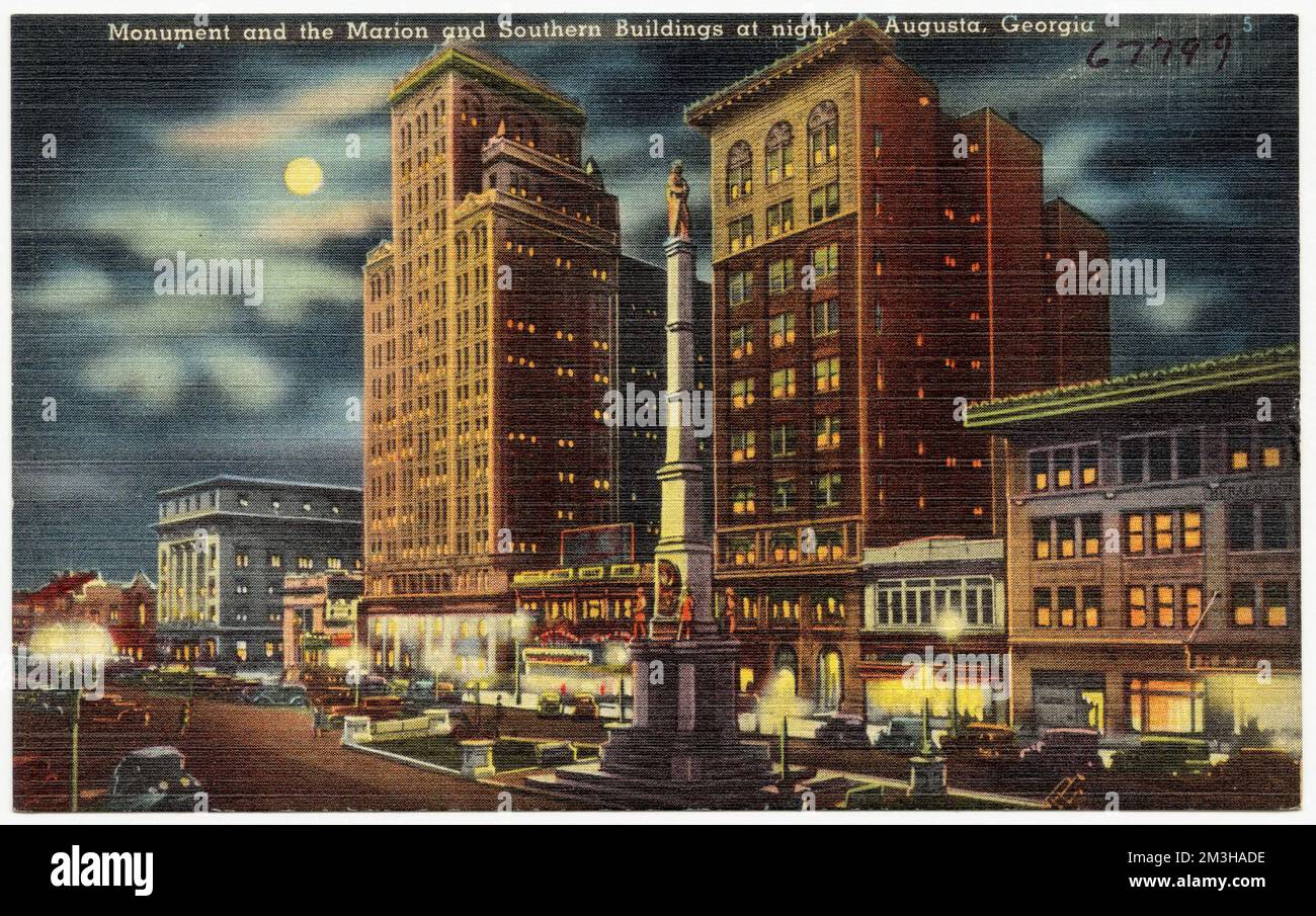 Monument and the Marion and Southern buildings at night, Augusta, Ga ...