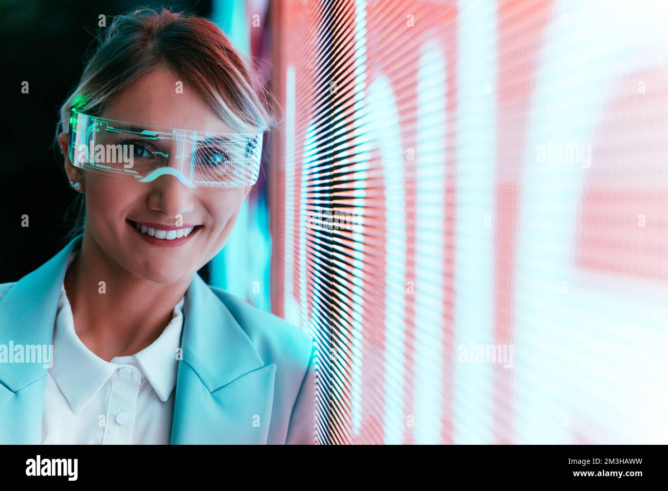 business woman with cyborg bionic arm and augmented reality visor ...