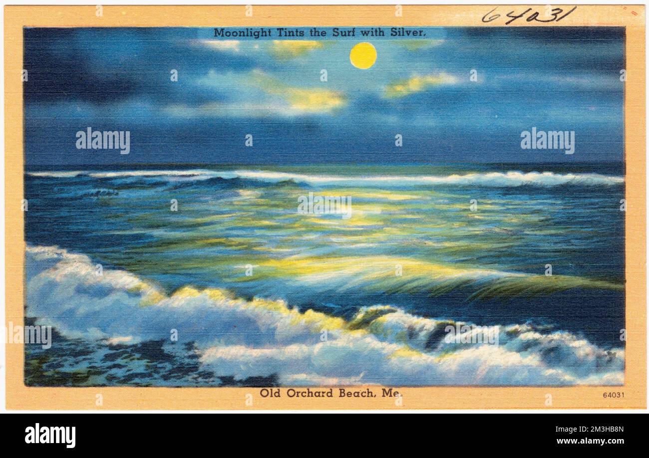 Moonlight tints the surf with silver, Old Orchard Beach, Me. , Seas ...