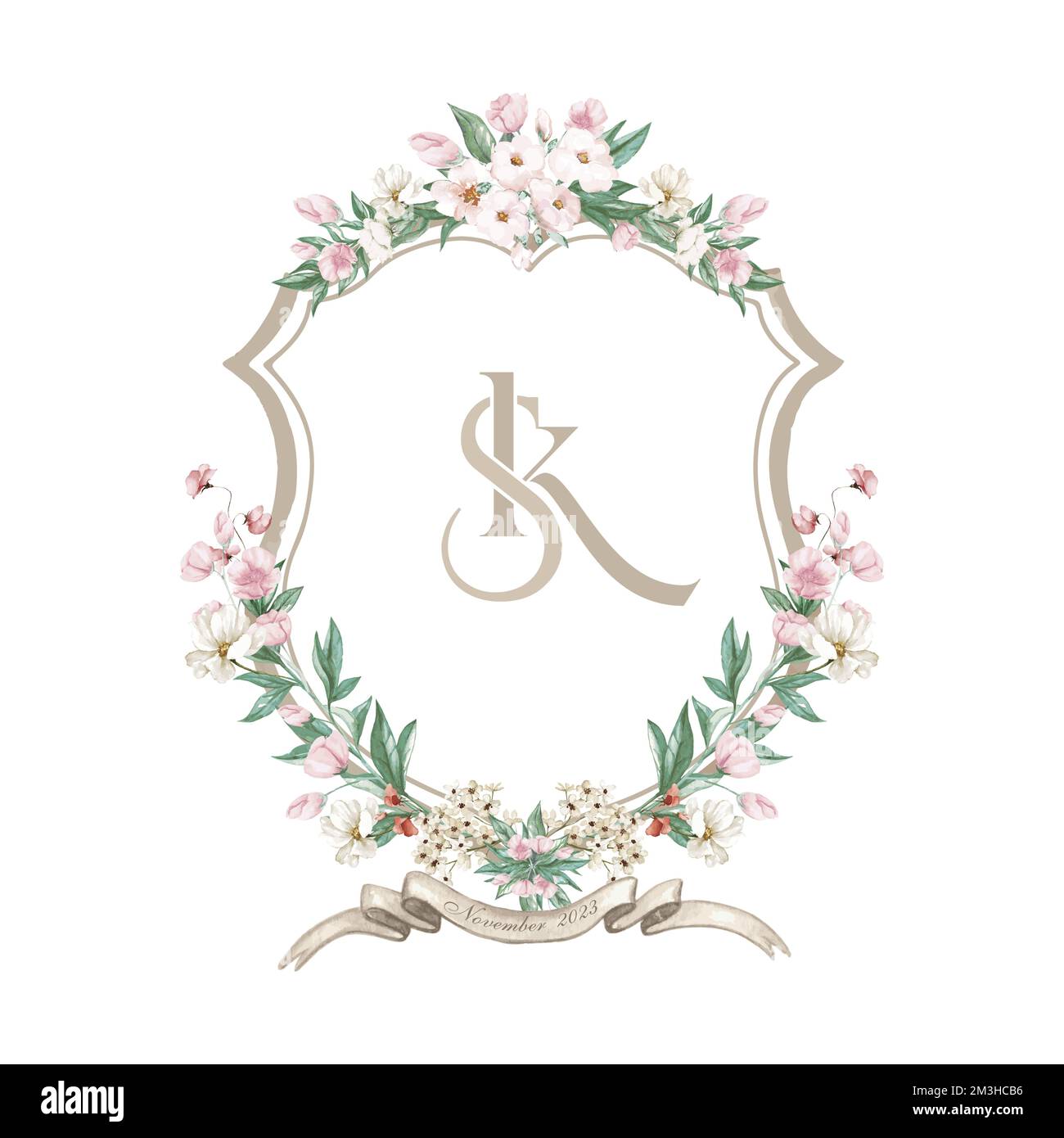 Painted wedding monogram SK initial watercolor floral crest. Watercolor ...