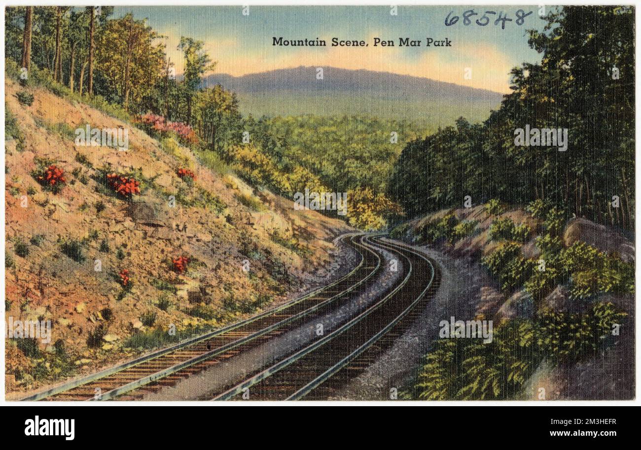 Mountain scene, Pen Mar Park , Railroad tracks, Mountains, Tichnor ...