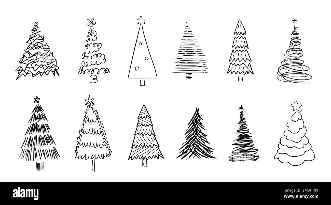Hand drawn Christmas tree doodle illustration set. Weird, bizarre and ...