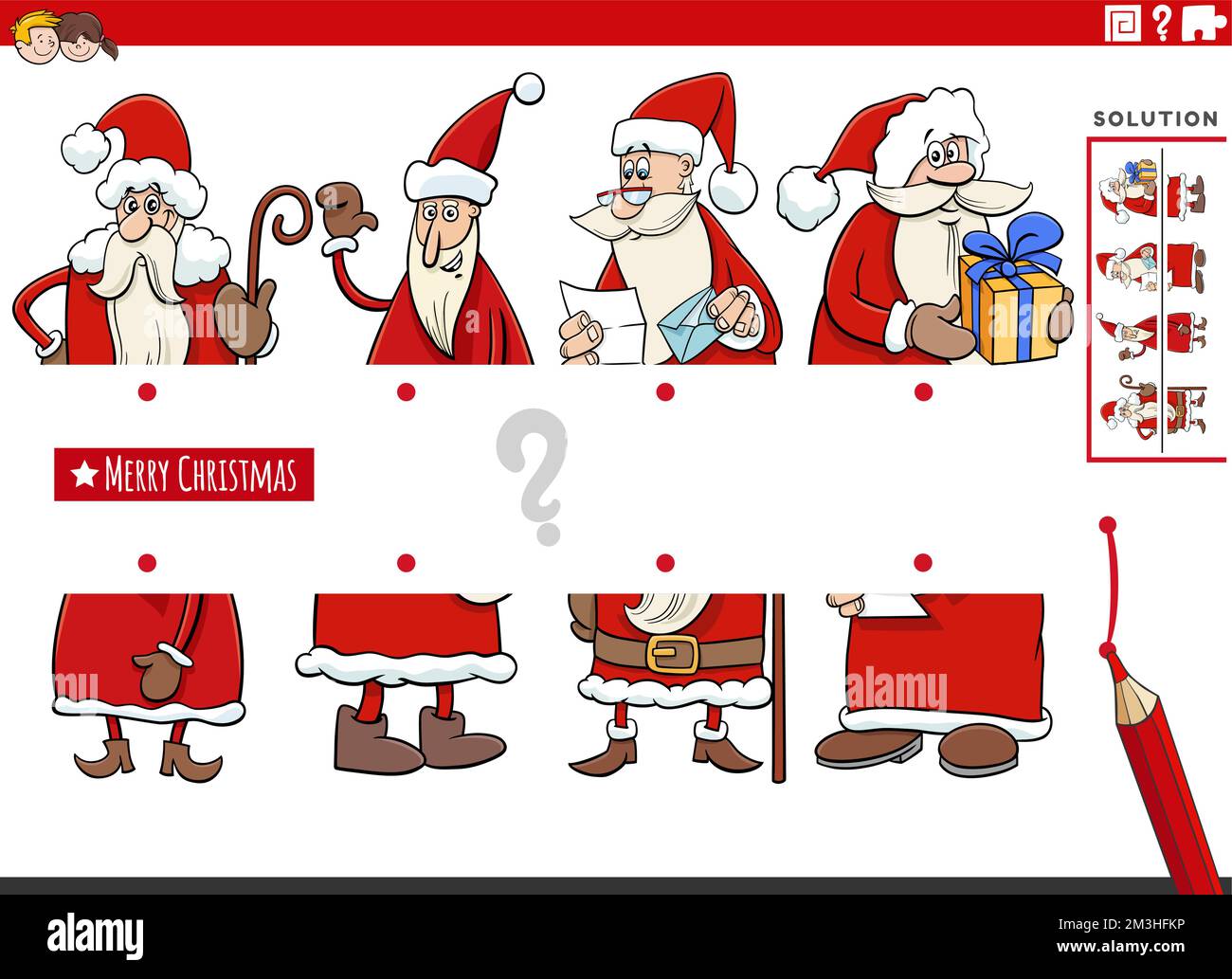 Cartoon illustration of educational game with matching halves of ...
