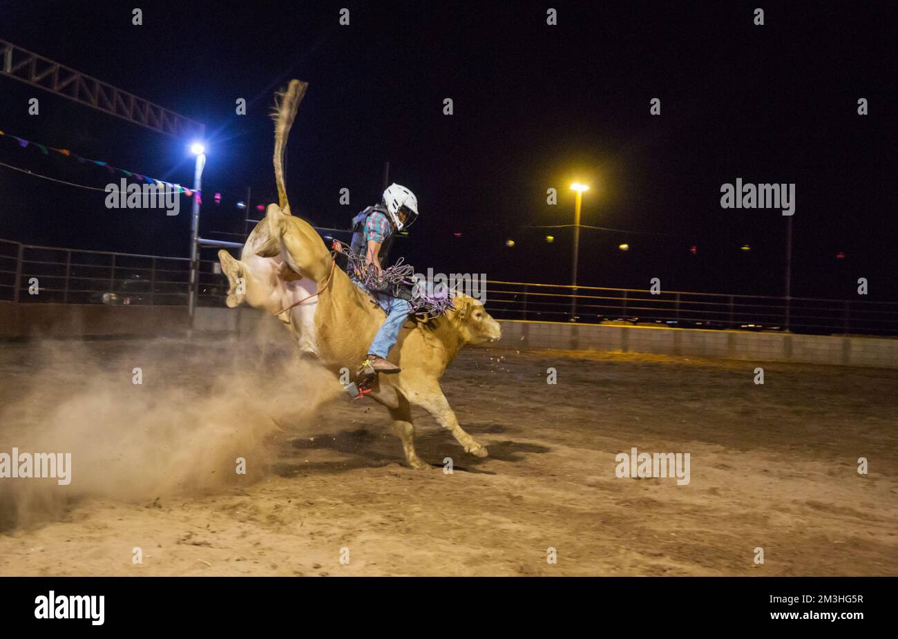 A cowboy competing in a bullriding event at a country rodeo Stock Photo ...