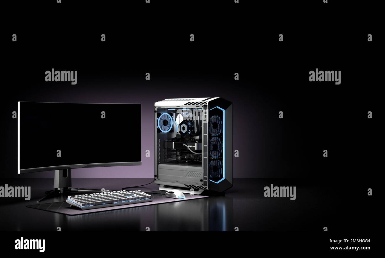Computer Gaming PC on desk in dark room with neon Futuristic modern ...