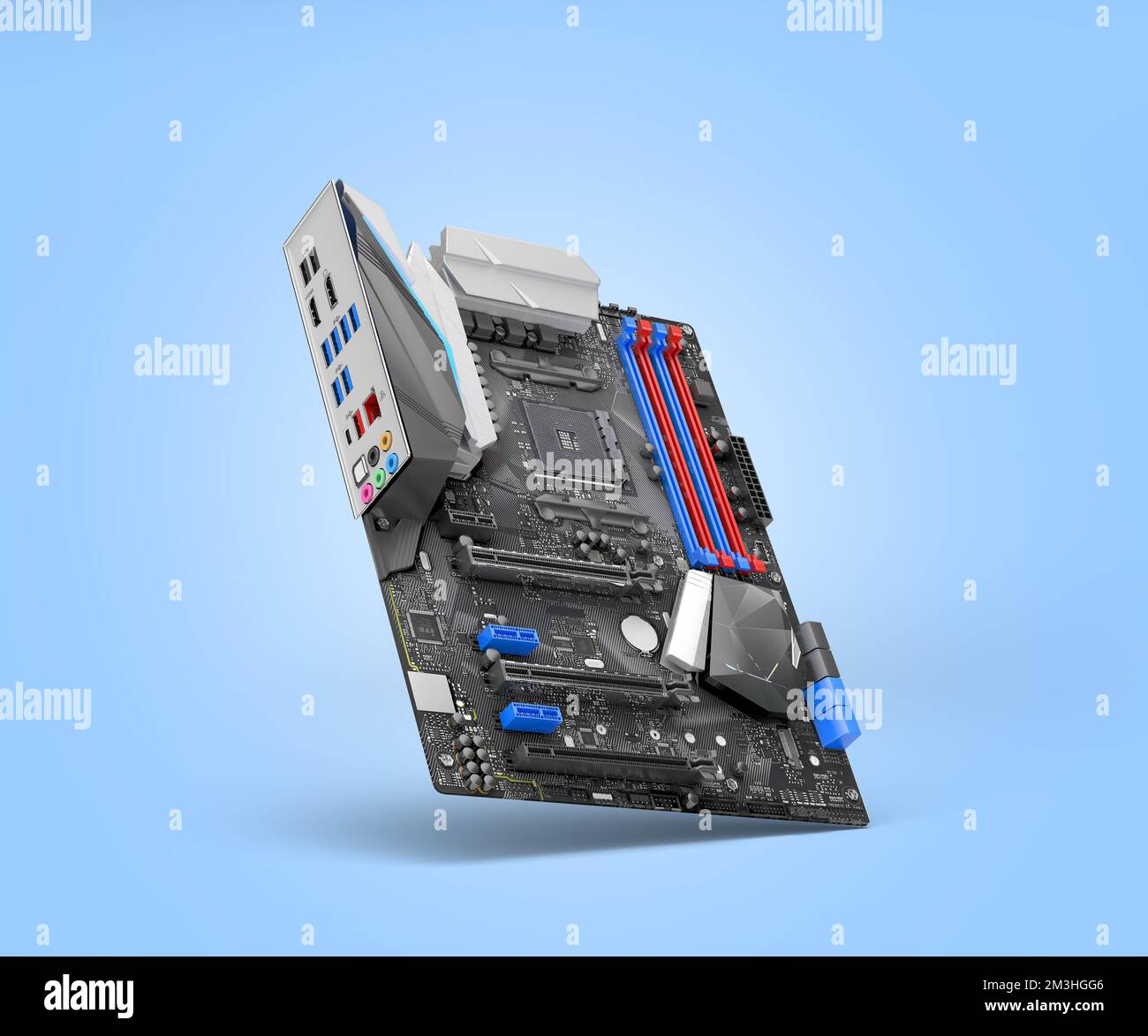 Electronics components on modern PC computer mainboard 3d render on ...