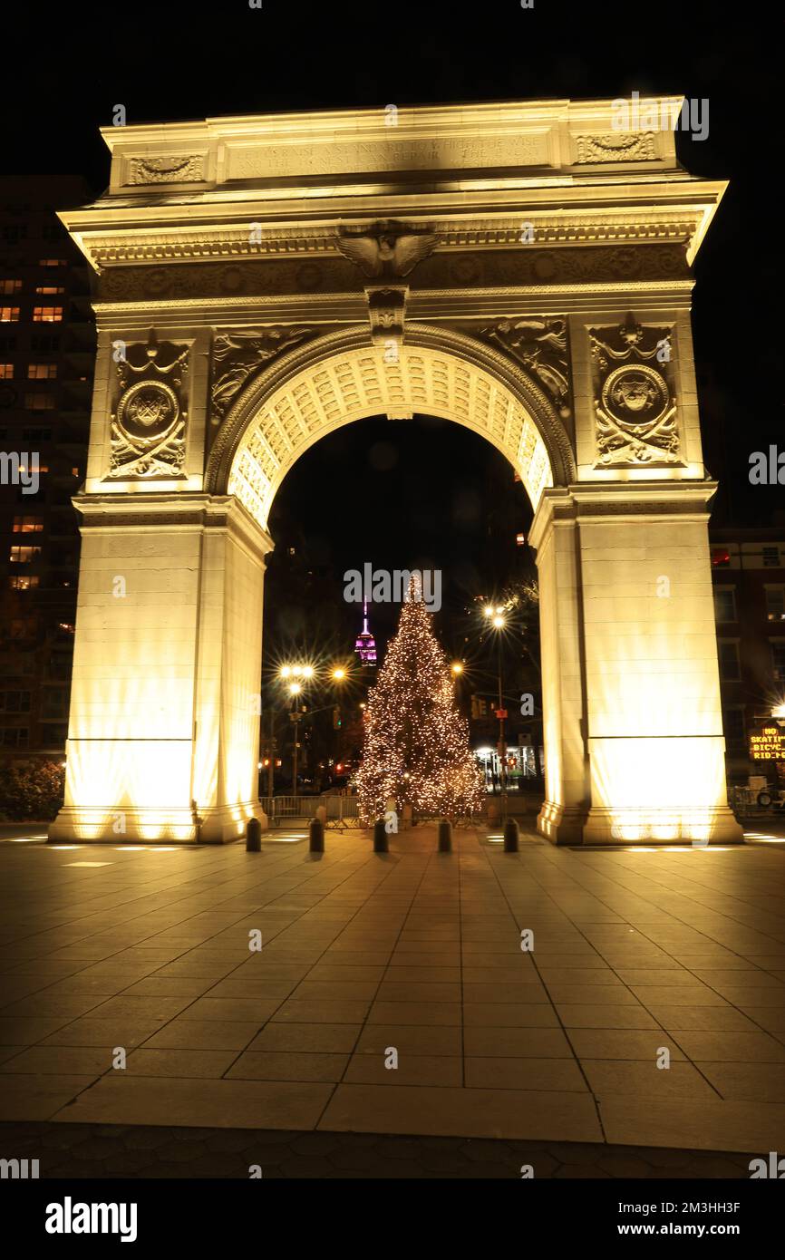 A Christmas tree is on display inside the monument in Washington Square ...
