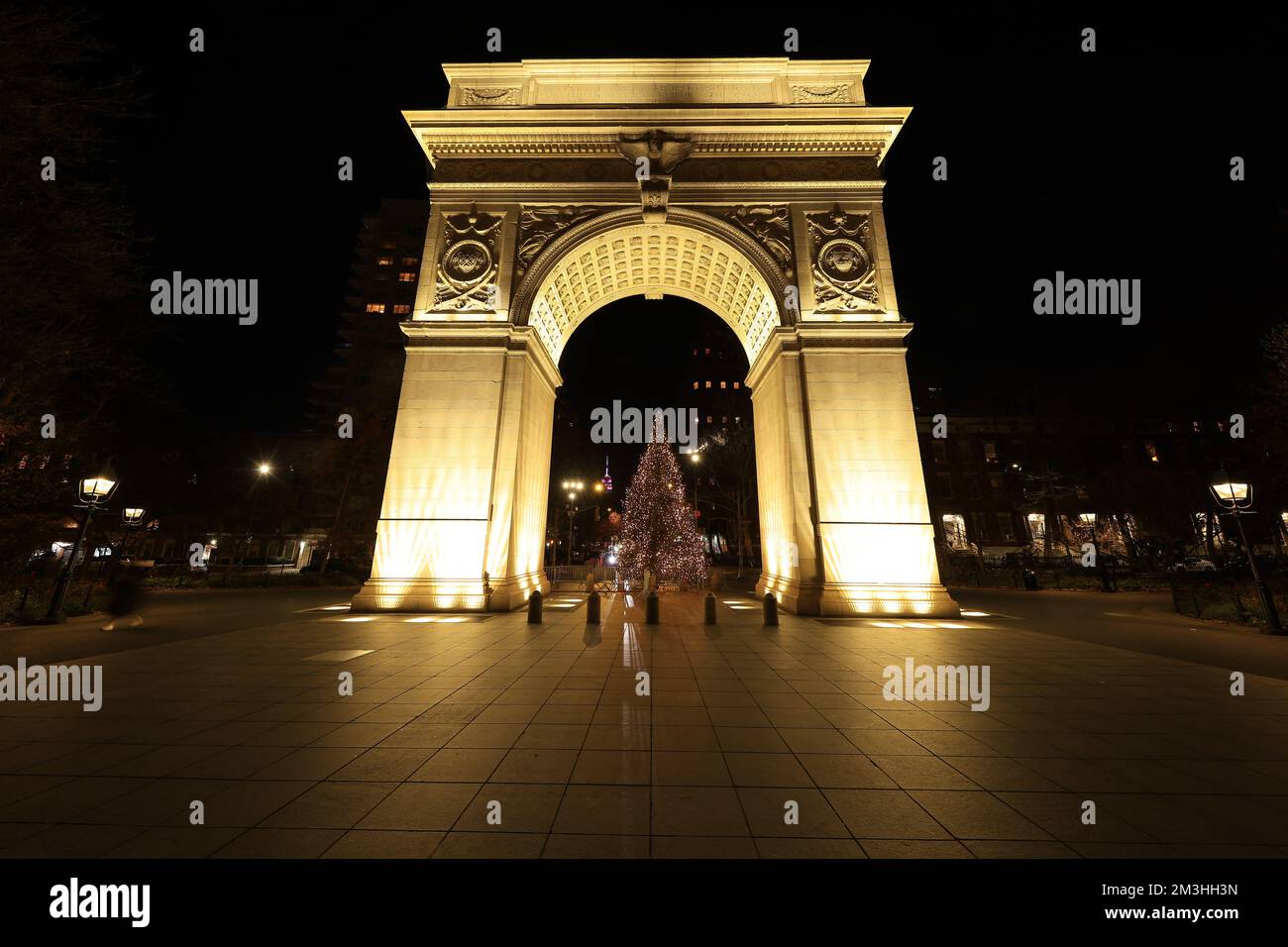 A Christmas tree is on display inside the monument in Washington Square ...