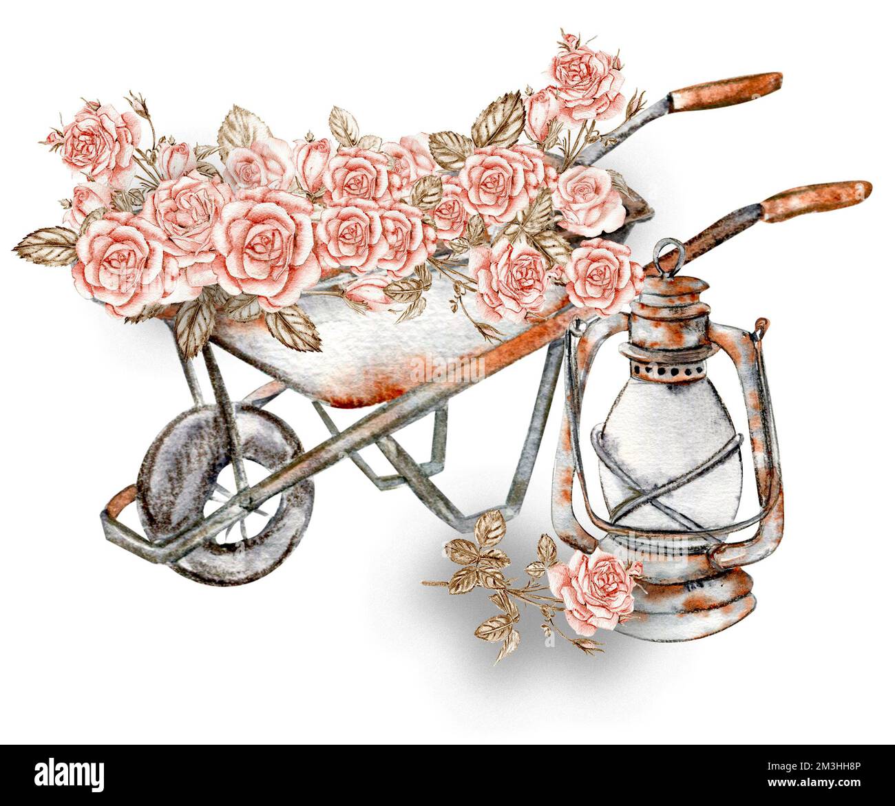 Watercolor illustration of rusty element with roses. An old rusty ...