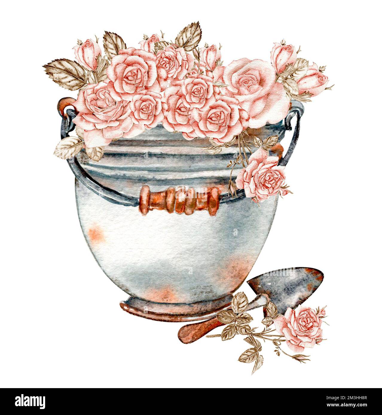 Watercolor illustration of rusty element with roses. An old rusty ...