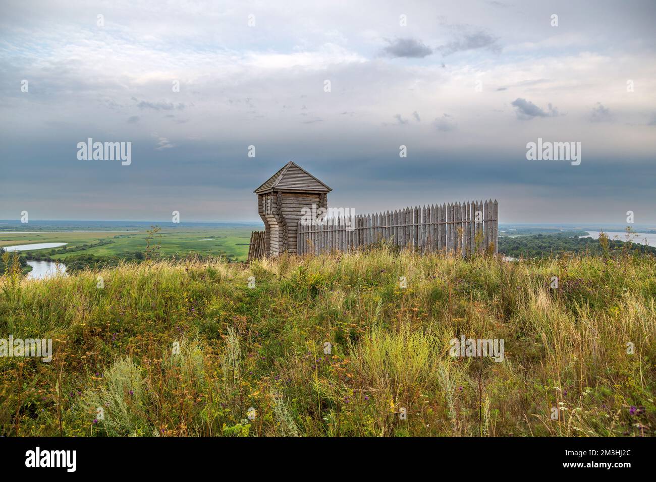 Ancient wooden fortress on a background of river spaces. Russia ...