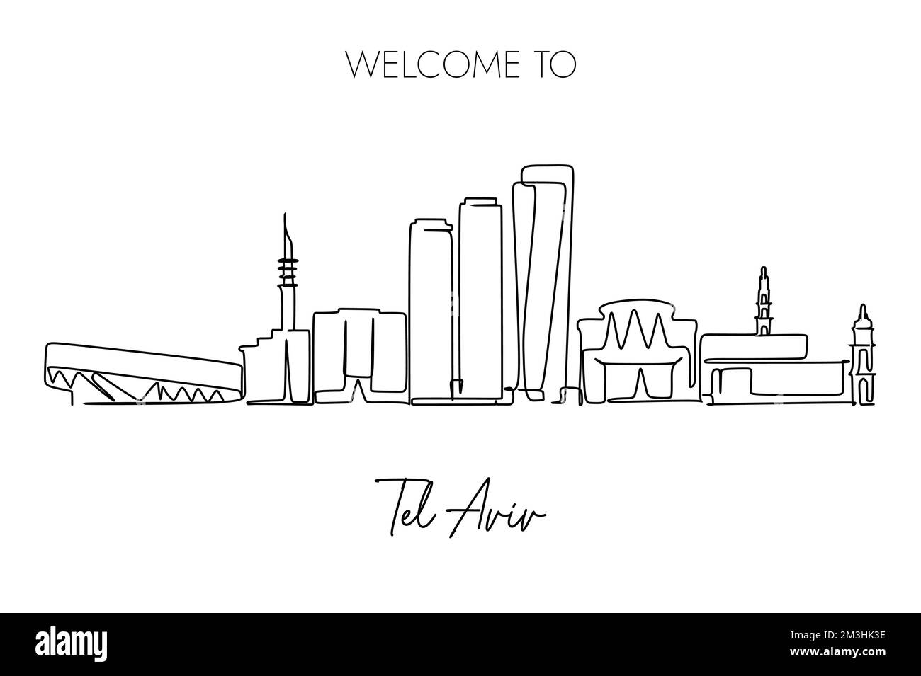 Single continuous line drawing of the Tel Aviv skyline. Traveling to ...