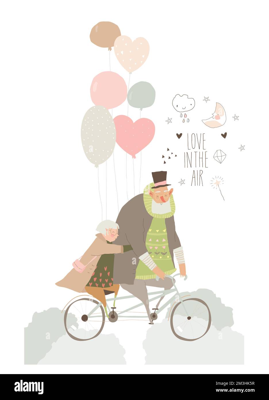 Elderly couple riding bicycle together. Old lady sits on back of cycle. Grandfather wheels ...