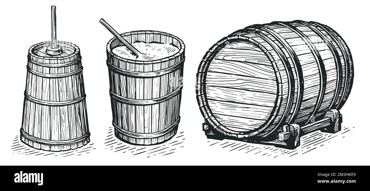 Wooden butter churn, bucket, barrel in vintage engraving style. Dairy ...
