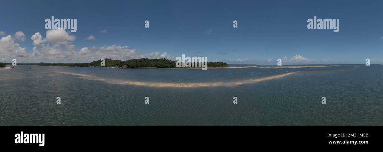 panoramic view of the island and where the river meets the sea - drone ...