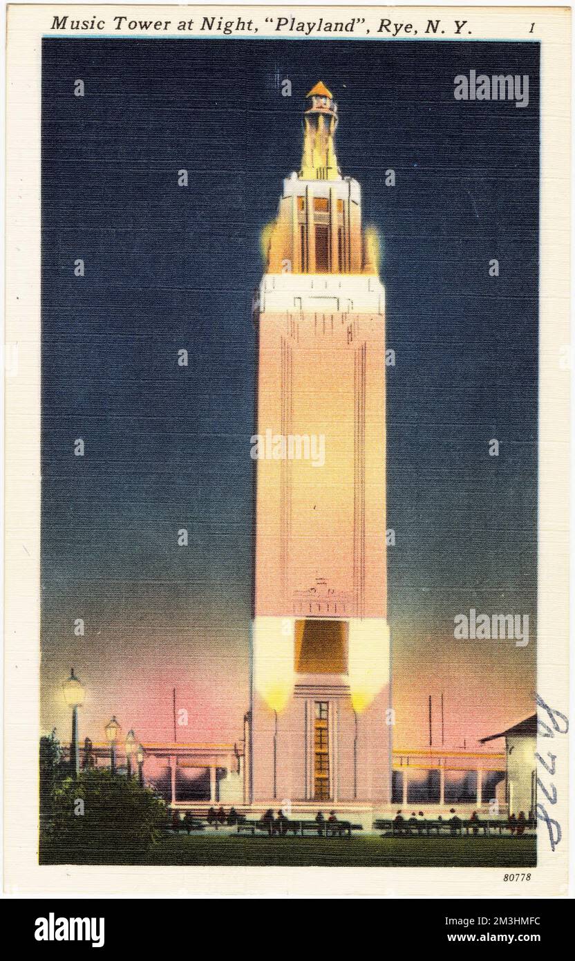 Music tower at night, 'Playland', Rye, N. Y. , Skyscrapers, Amusement ...