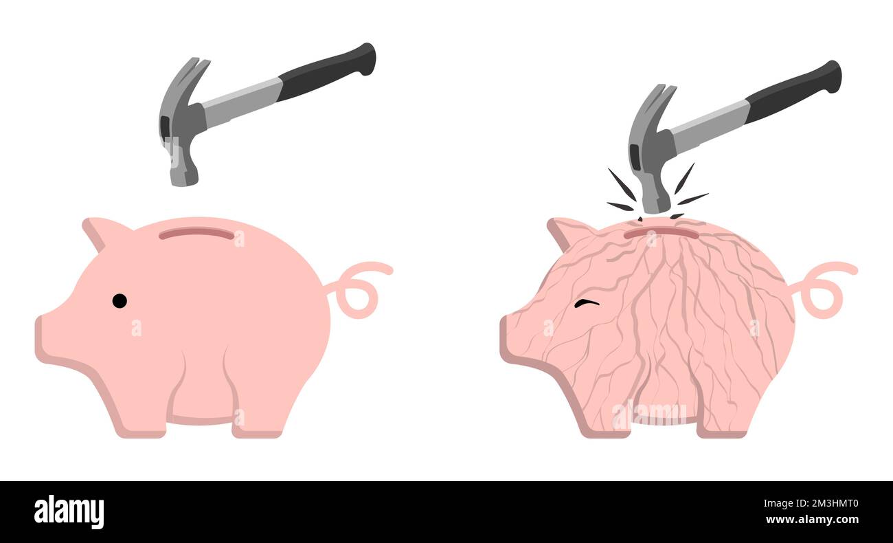 Hammer breaks a piggy bank. Clip art vector illustration Stock Vector ...