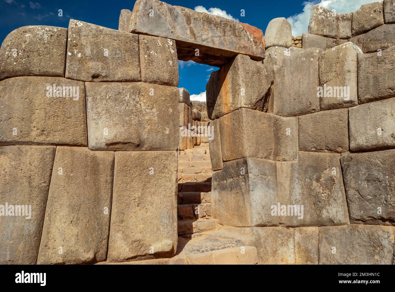 Inca stonework door at Sacsayhuaman, 15th century. Cuzco. Peru Stock ...