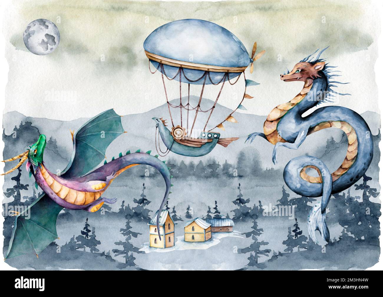 Knight, dragon and castle watercolor illustration. Fabulous mystical ...