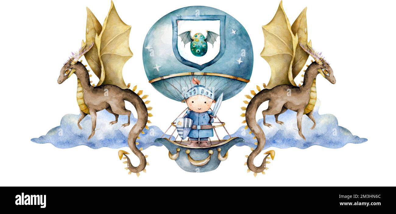 Knight in a hot air balloon watercolor illustration. Boy and dragons ...