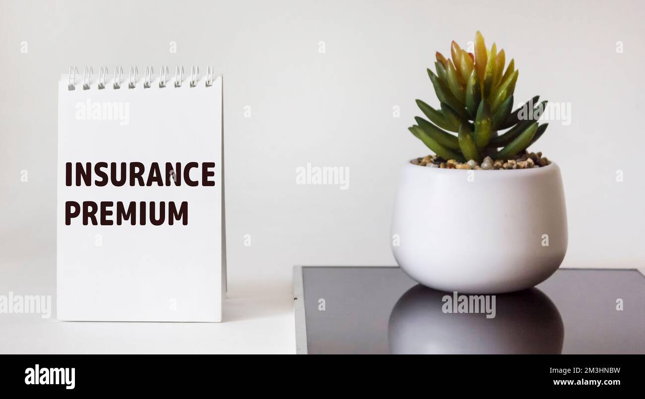 INSURANCE PREMIUM text written on notepad with cactus flower on white ...