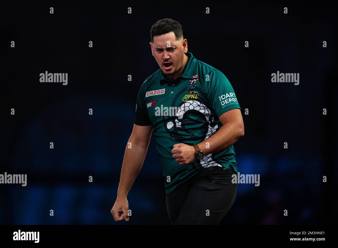 Ben Robb reacting during day one of the Cazoo World Darts Championship ...