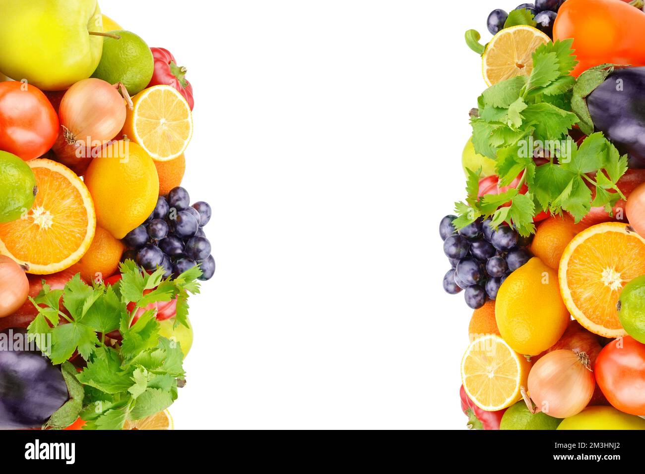Vegetables and fruits isolated on white background. Collage. Free space ...