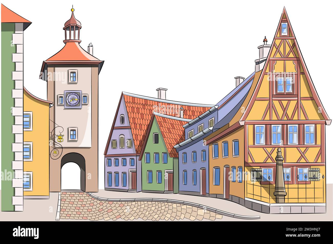 Color drawing of old medieval half-timbered houses and town gate with ...