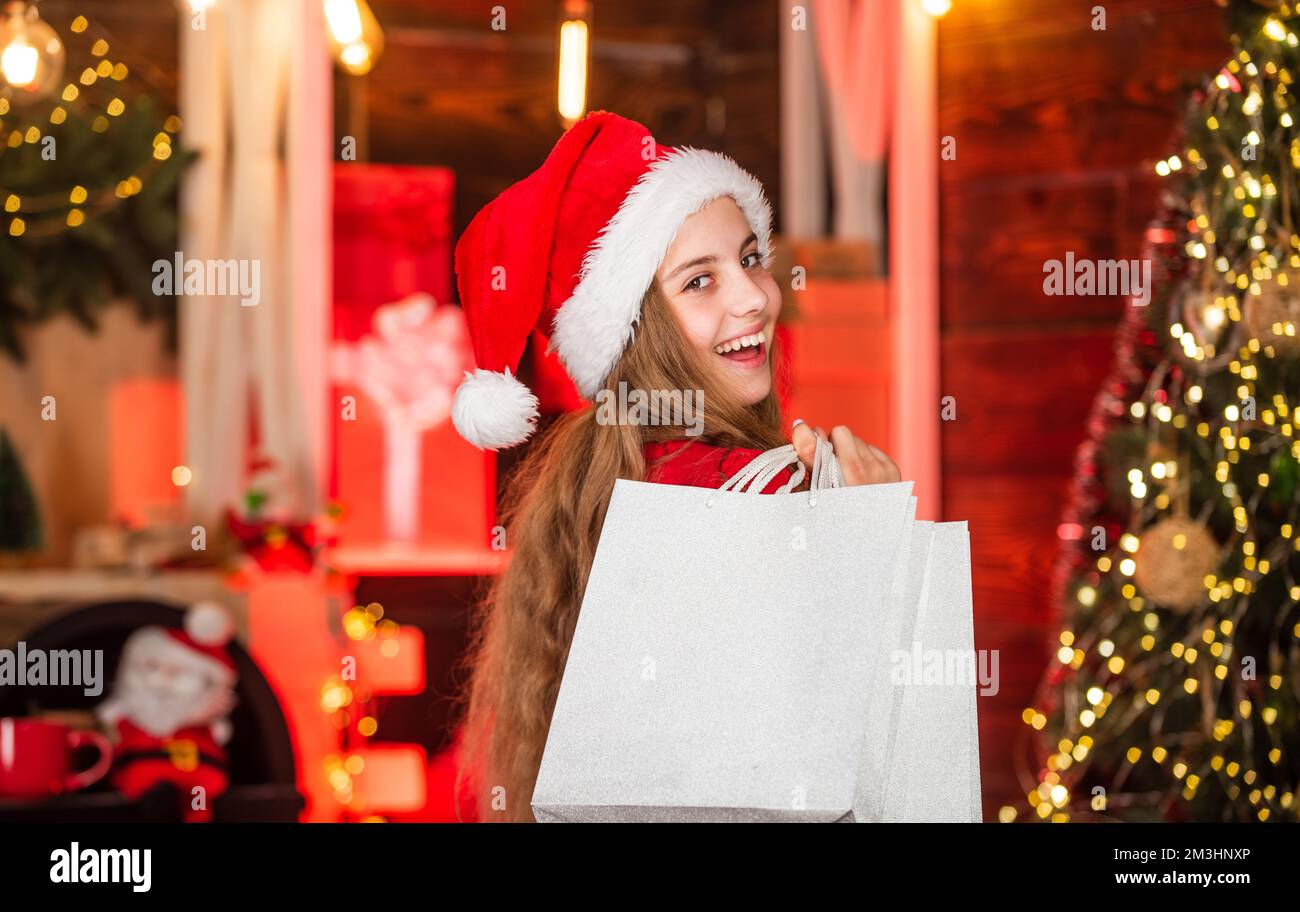 Satisfied consumer. Home shopping. Winter shopping. Christmas sale. Kid ...