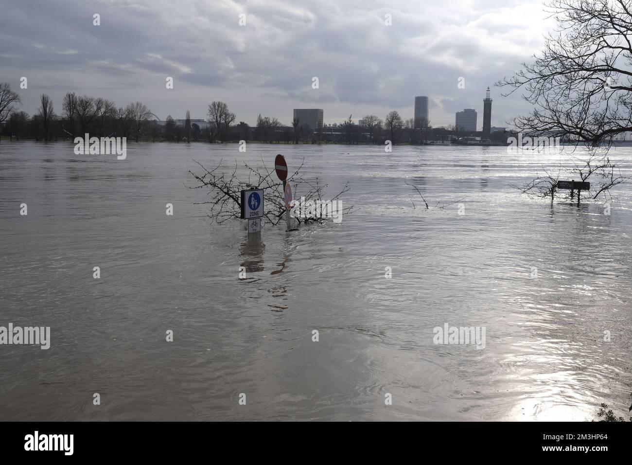A street signs and tree's branches appearing on the surface of a flood ...