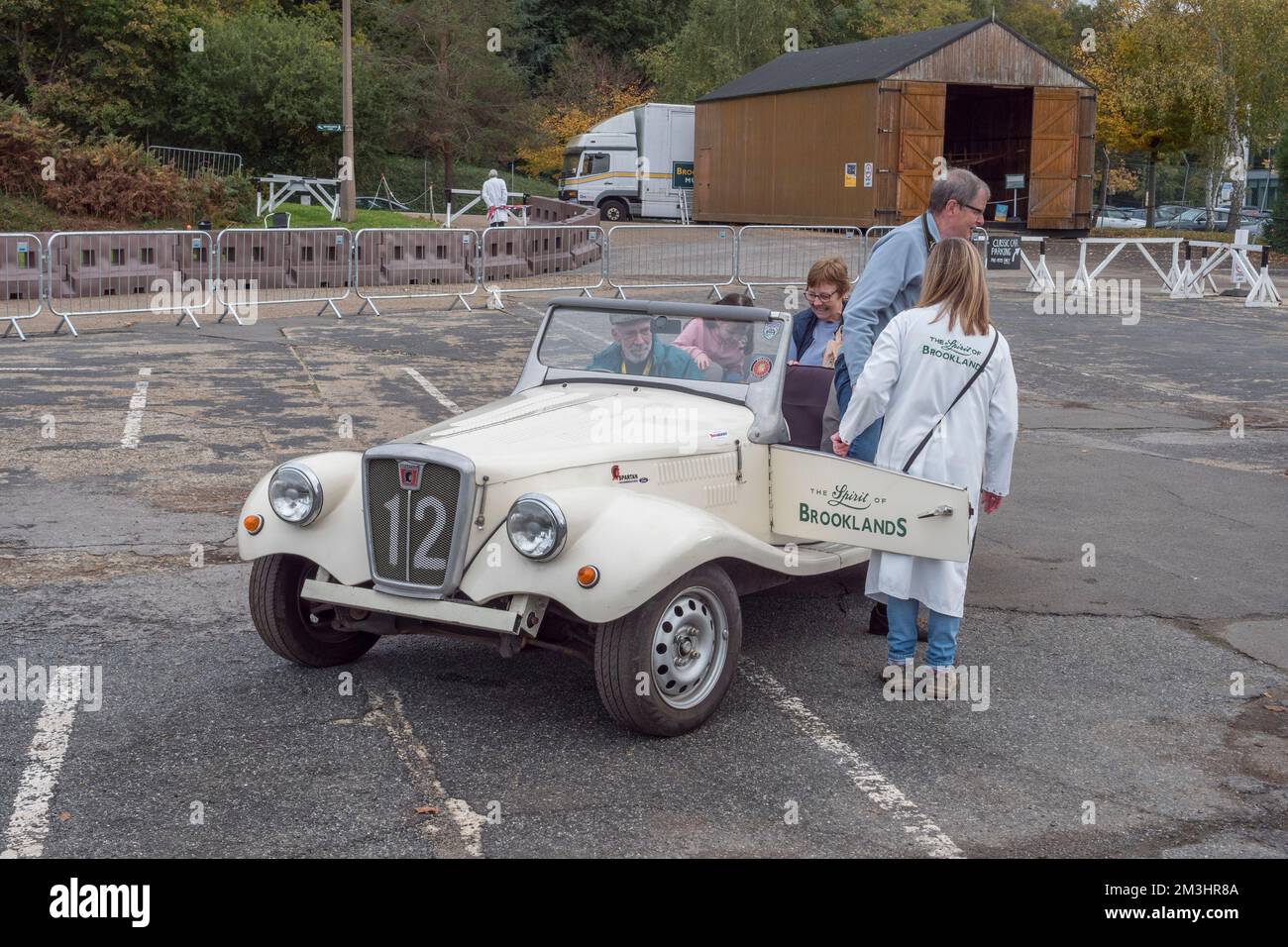 A Spartan vintage car driving around the historic Brooklands banked ...