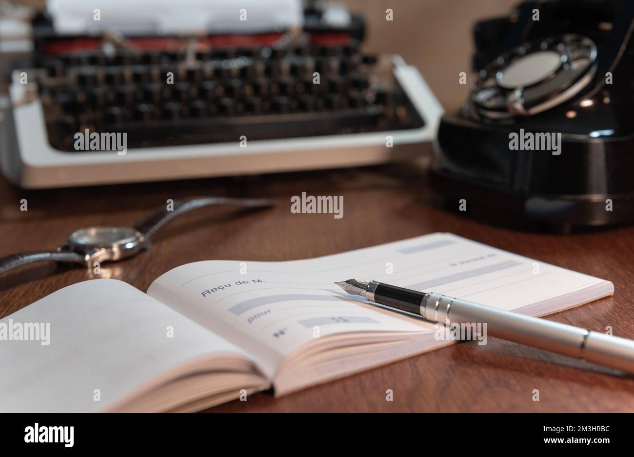 checkbook, retro typewriter, old telephone, ink pen. lettering in ...