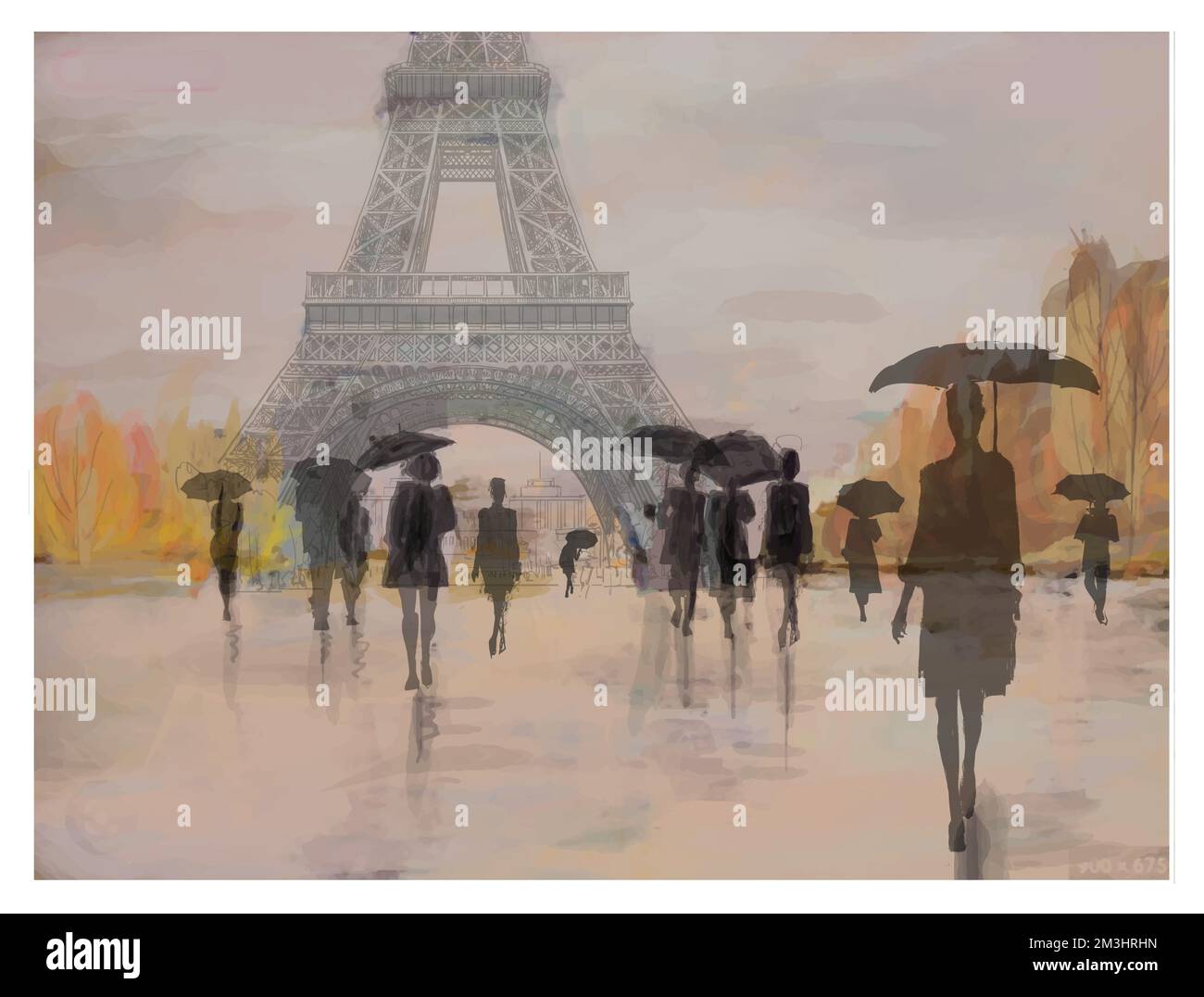 Paris in a rainy day of autumn by Eiffel Tower- vector illustration ...
