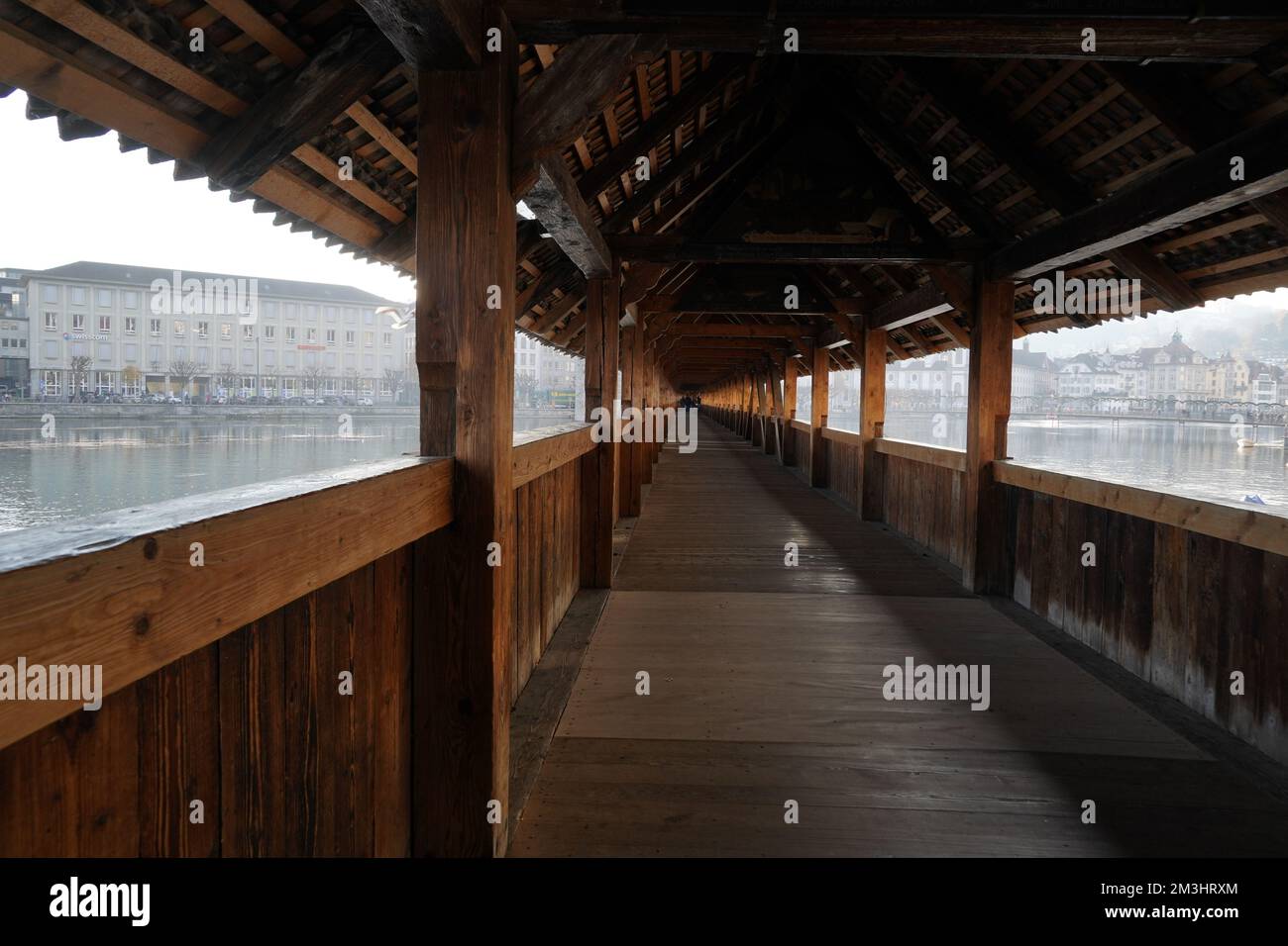 Chapel bridge over river Reuss. Interior of a roofed bridge in ...