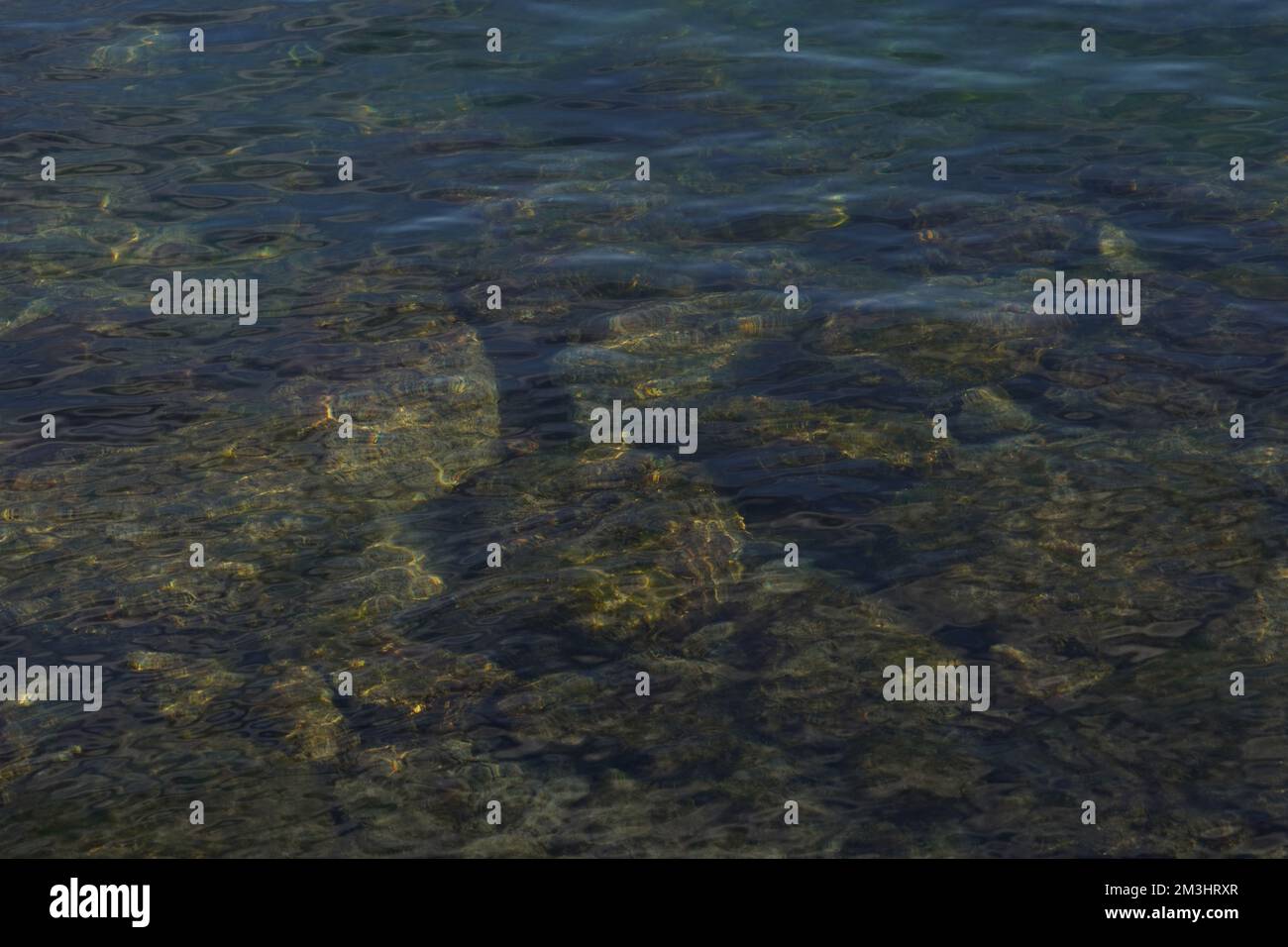 Stones and boulders on the bottom of a river. The water level is ...