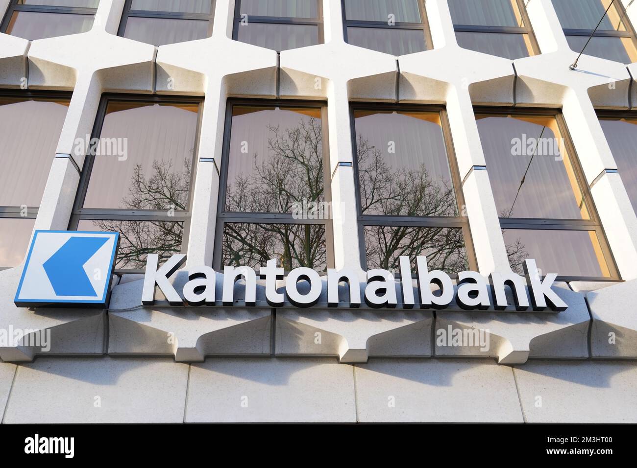 Close up view on logo of a Swiss bank Kantonalbank, the dominant retail ...
