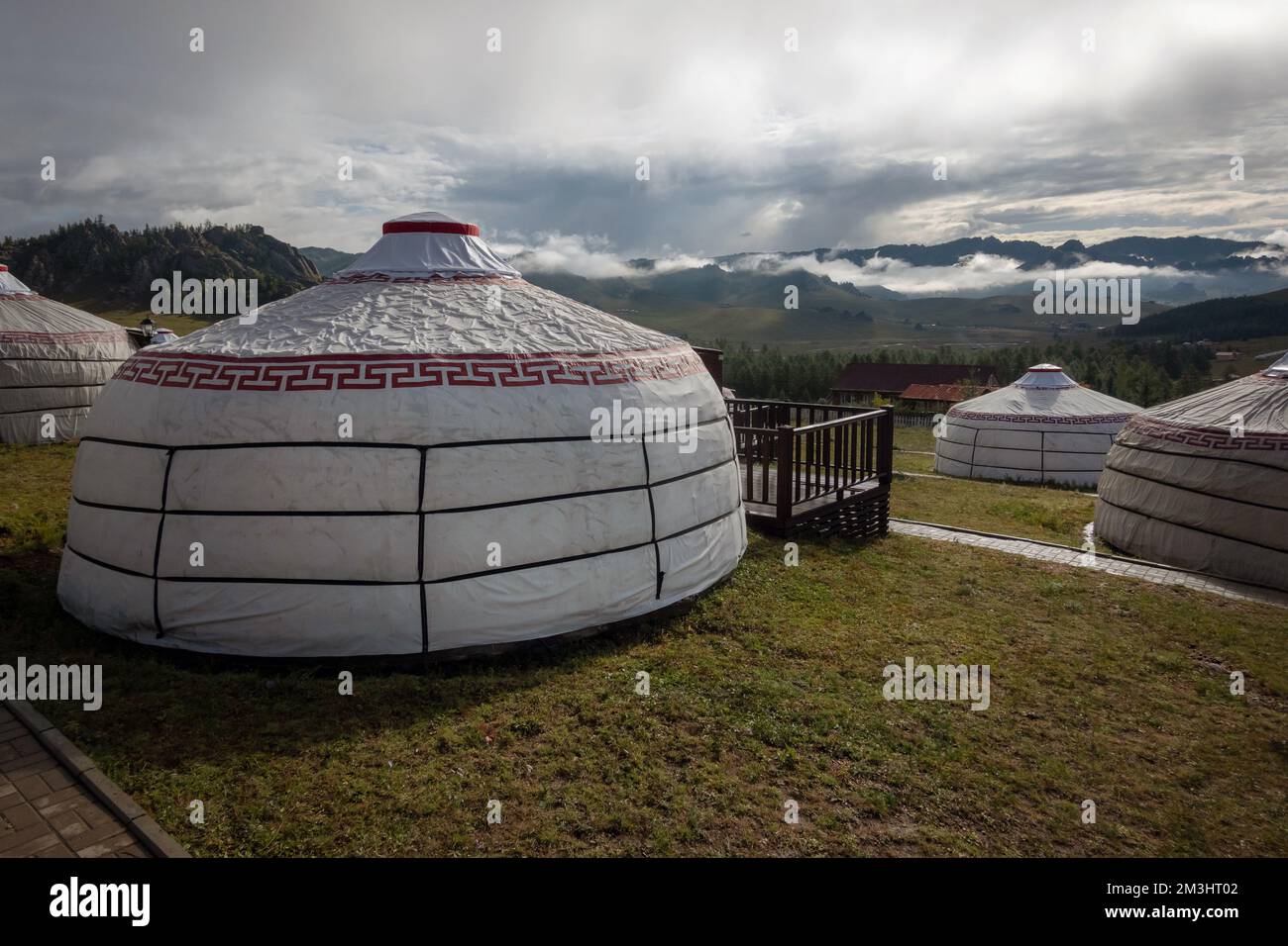 Yurt camp on a beautiful sunny day in Mongolia. Ger campsite in rural ...