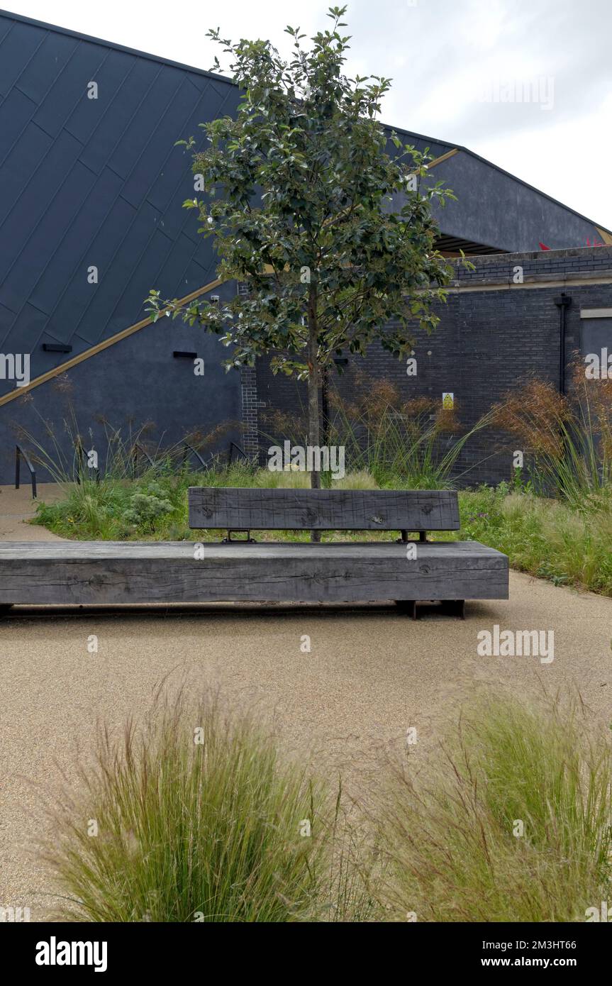 Seating area outside Techniquest, Cardiff Bay. 2022 Stock Photo - Alamy