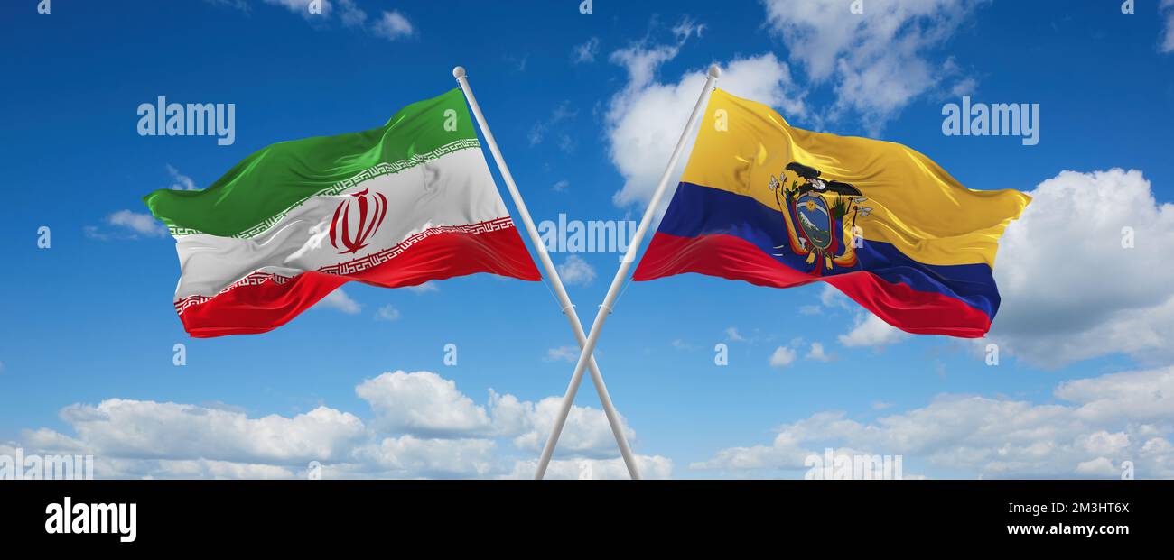 two crossed flags Ecuador and Iran waving in wind at cloudy sky ...