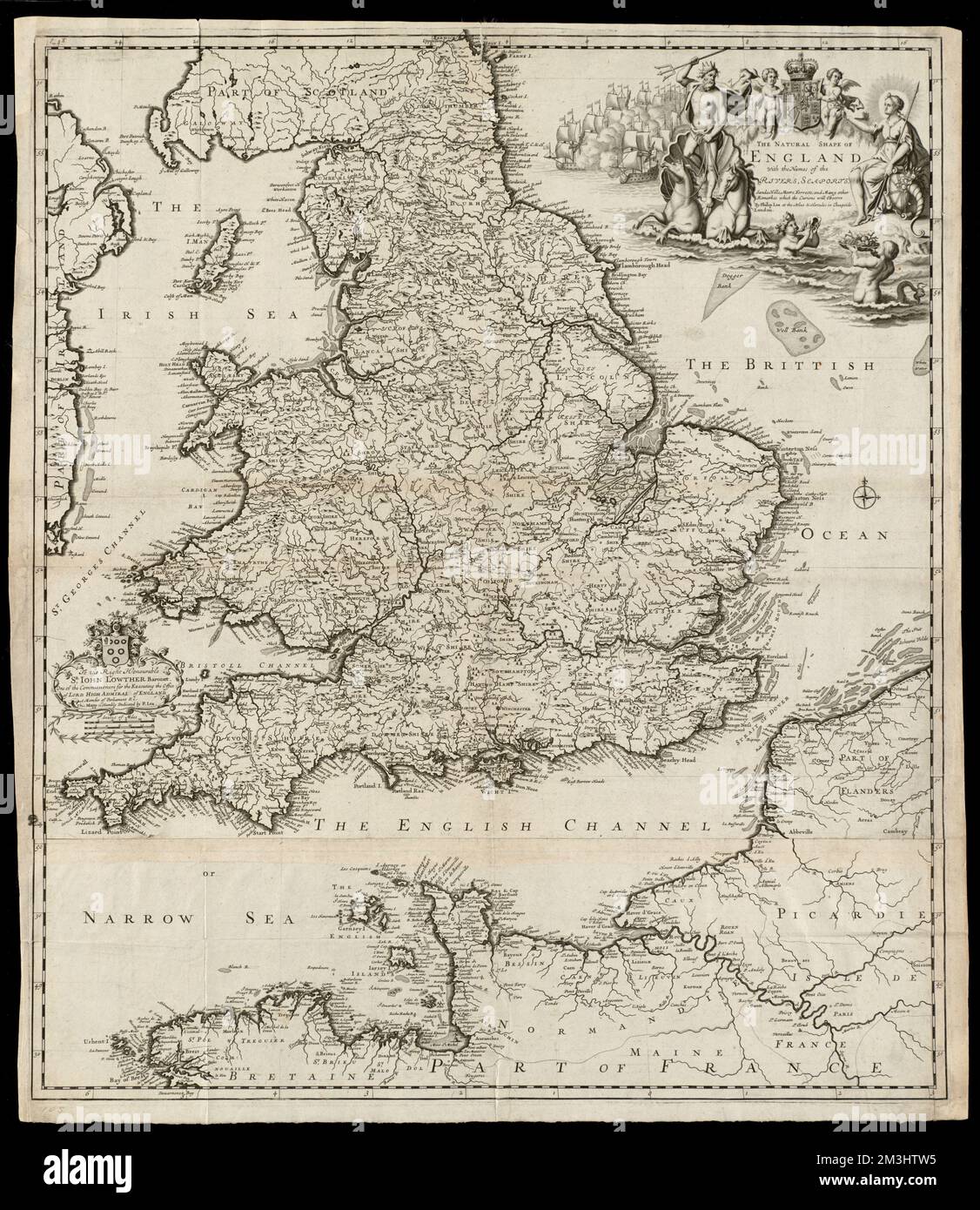 The natural shape of England with the names of rivers, seaports, sands ...